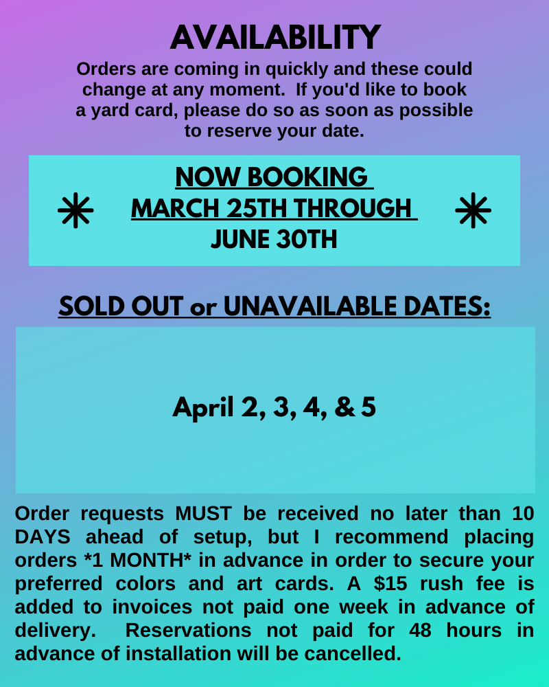 AVAILABILITY | Yard Cards by Jess - Fort Wayne Indiana (NEI ...