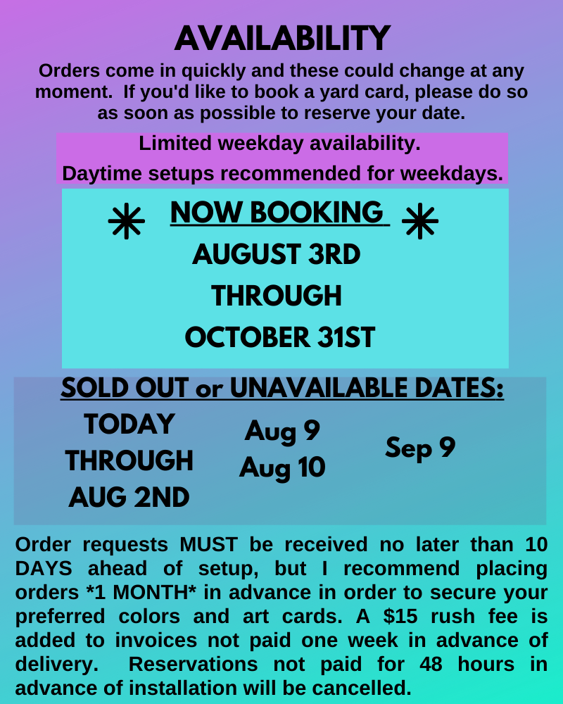 2023 School year Availability | Yard Cards by Jess - Fort Wayne Indiana ...